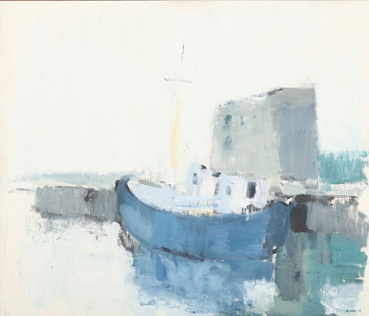 GUSTAV ARNE (1925-2011). "Motljus i hamn, Simrishamn", olja på duk ...
