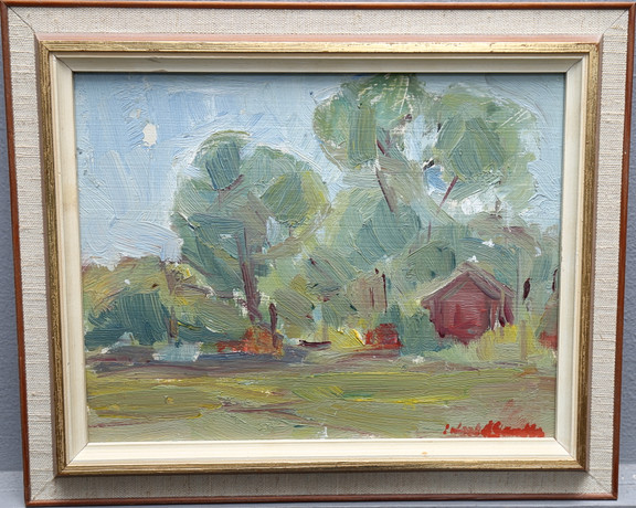 HARALD SANDBERG. Öländskt landskap, olja på pannå, signerad. Konst ...