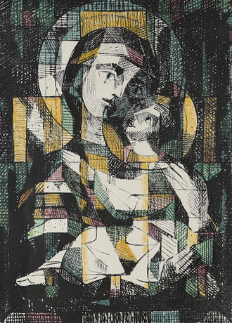 ERIC OLSON. Lithograph with crayons, Madonna and Child Jesus, signed ...