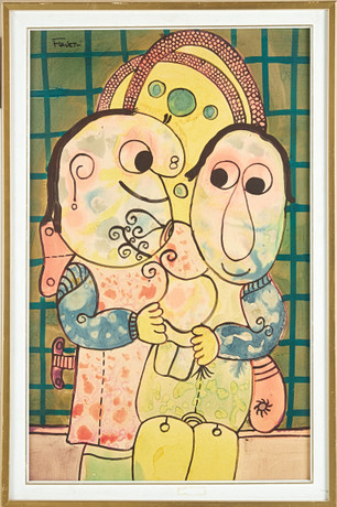 CLAUDE FLAVET. Figure composition, mixed media, watercolor and ink ...