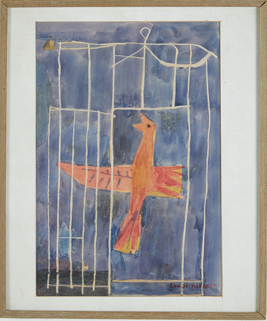 RANDI FISHER (1920-1997). Komposition med fågel i bur, akvarell ...