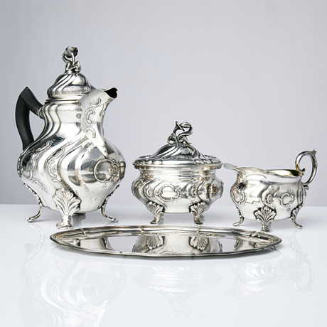SILVER, 4 parts, coffee pot, cream pot, father and sugar bowl, Rococo ...