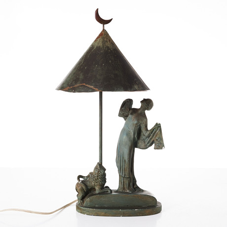 TABLE LAMP, art deco, bronze patinated plaster, cup in copper, female ...