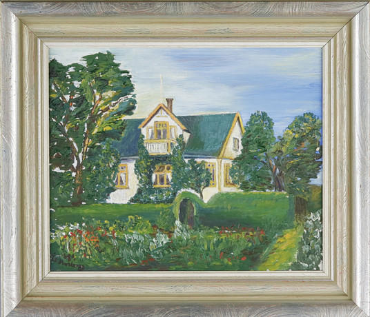 ELLA HERNBORG. Olja på pannå, "Bertils föräldrahem", signerad -56 ...