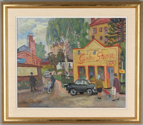 JOHN CARLSON. Gula Stugan Café, Gula Stugan Café, oil on Board, signed ...