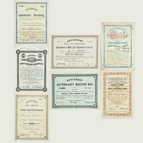 AKTIEBREV, 1800-tal,7 st, Graphit - och Metall- Aktiebolaget, 1882 ...