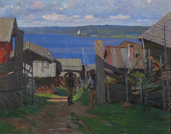 LOTTEN RÖNQUIST. Pojkar vid grind, olja på duk, signerad. Konst ...