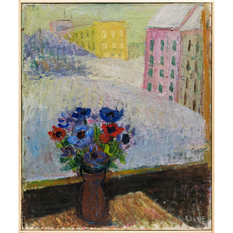 KNUT IRWE. Blomsterbukett vid fönster, olja på duk, signerad. Konst ...