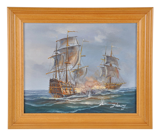J. HARVEY. Small seascape, "Dreimaster in action". Oil on canvas. Art ...