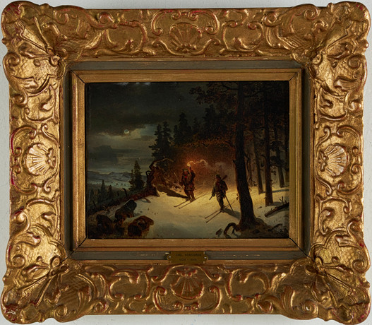 AXEL NORDGREN. figures on skis in a night landscape, oil on Board ...