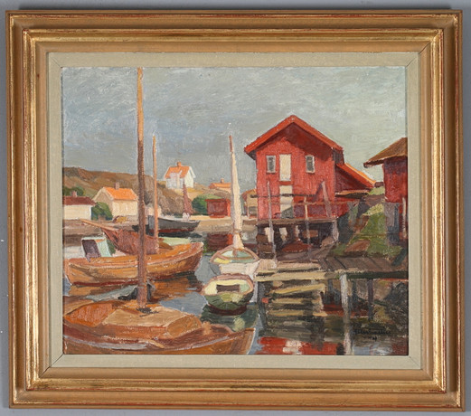 ELLIS WALLIN. "Röda sjöbodar", olja på pannå, signerad och daterad -44 ...