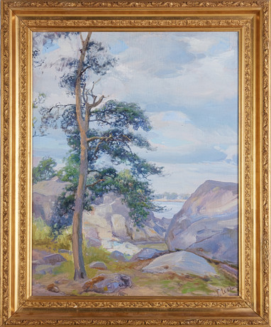 VASILI LEVI (1878-1954). Küstenlandschaft mit Pinien, signiert V. Levi, Öl auf Platte. Kunst ...