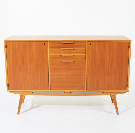 SIDEBOARD, 1950/60-tal, teak och ek, inredning med hyllor, tre lådor ...