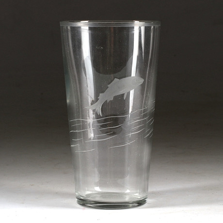 GROGG GLASS, 8 pcs., etched decor depicting fish, 1900s. Glass ...