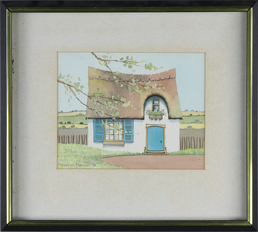 GERALD HOWARTH. Akvarell, hus på landet med halmtak, signerad. Konst ...