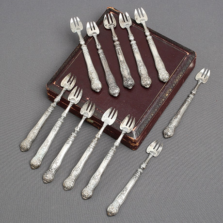 CHEESE FORKS, 12 pcs, silver, indistinct master stamp, France, 19th ...