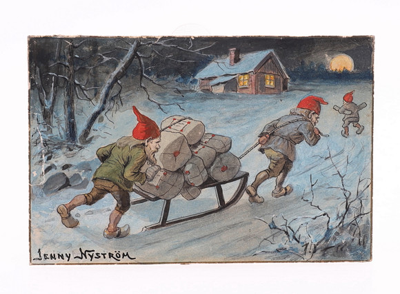 JENNY NYSTRÖM. TOMTAR MED SLÄDE, akvarell med tusch och täckvitt ...