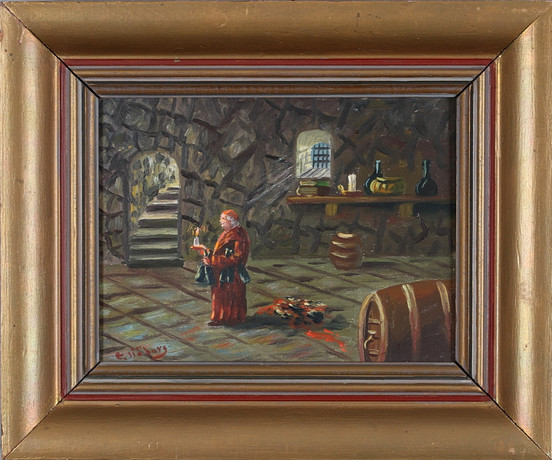 OIDENTIFIERAD KONSTNÄR. Munk med ljus, olja på duk, signerad E. Sjöborg ...