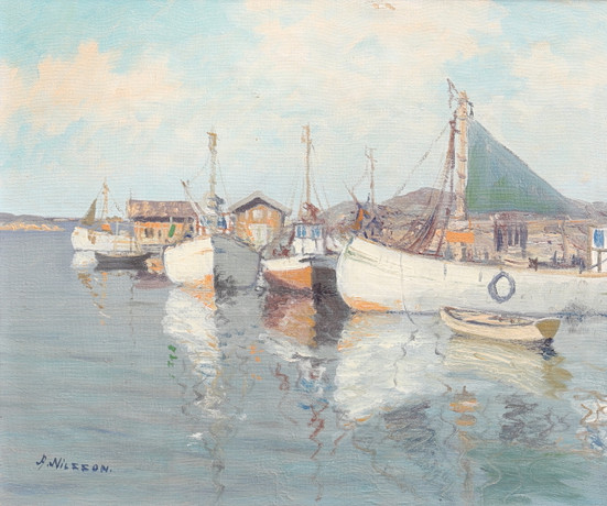 ALGOT NILSSON. Fiskeläge. Olja på duk, signerad. Konst - Måleri - Auctionet