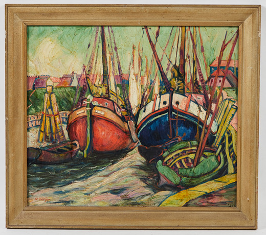 HEINRICH OELTJEN. målning, hamnscen. Konst - Måleri - Auctionet
