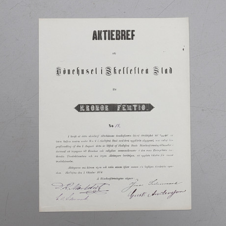 SHARE CERTIFICATE. LETTER OF SHARES IN BÖNEHUSET IN SKELLEFTEÅ CITY ...