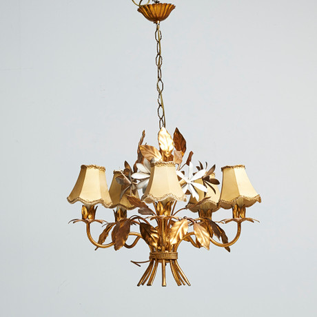 TAKLAMPA, 1900-talets mitt, 5 ljuspunkter, bronserad samt lackerad ...