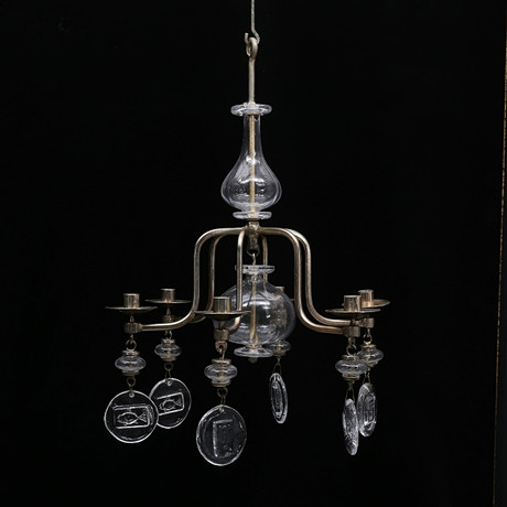 ERIK HÖGLUND. Chandelier, gold-coloured, glass/wrought, 6-armed ...