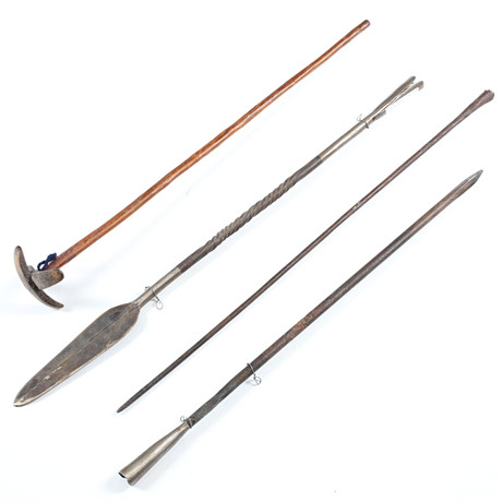 SPEAR TIPS AND TOOLS, 4 parts, one of which is a tip for a Maasai spear ...