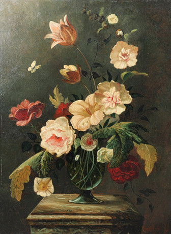 ROGER JOHN COLLINS. STILL LIFE OF FLOWERS IN A GLASS VASE UPON A MARBLE ...