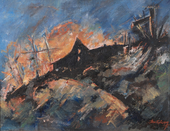 BO ERICSON. Maisema palava talo, öljy kankaalle, signeerattu. Taide ...