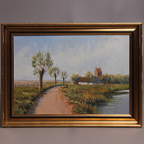 OIDENTIFIERAD KONSTNÄR. Oil on canvas, house in landscape, signed E ...