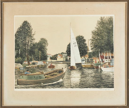 REINHOLD LJUNGGREN. "Hamnen Trosa", color lithograph, numbered 91/360 ...