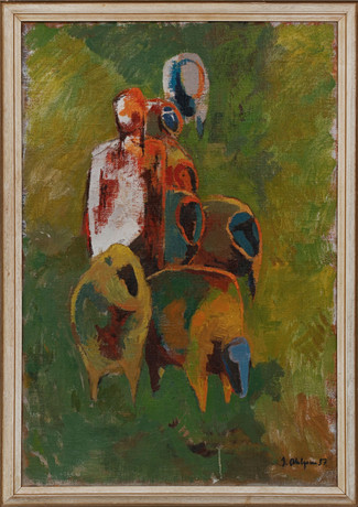 JOHN AHLGREN. Figurer och boskap. Olja på duk, signerad och daterad -57 ...