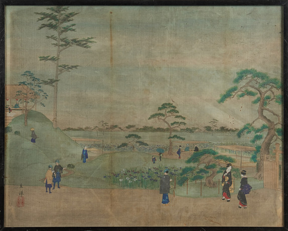 WATERCOLOR, on silk, Japan, 19th century, motif of park scene ...