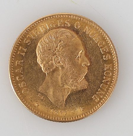 MYNT, guld, 20:- Oscar II, Sverige 1877. Mynt, Medaljer & Frimärken - Mynt & Sedlar - Auctionet