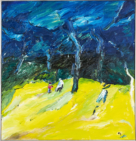 OLLE LINDGREN (FÖDD 1930). Figurer på gult fält, olja på duk ...