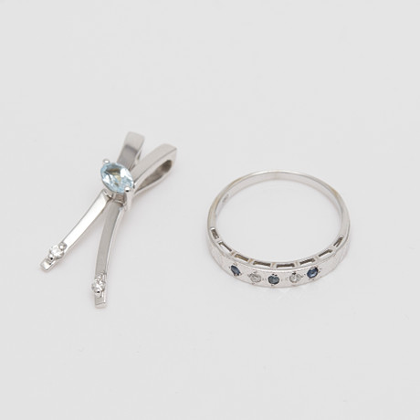 Vitt guld, akvamarin, diamant och safir diamantring. Smycken ...