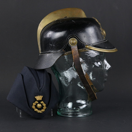 FIRE HELMET and HAT, leather, brass, fabric, 1900s. Weapons & Militaria ...