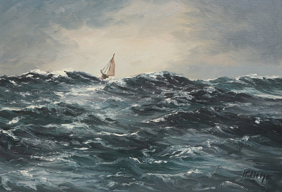 KARL HELGO. Olja på duk, båt ute på stormigt hav, signerad K. Helgo ...