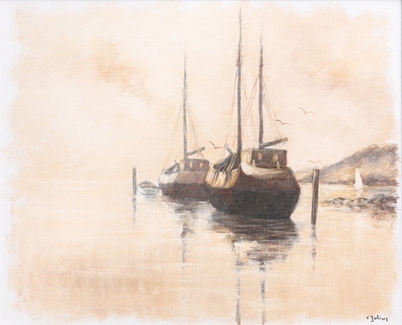 CARL JULIUS. Boats on the coast of Ven. Oil on canvas, signed. Art ...
