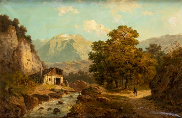 ANTONIO ROSE (1848-1918). Bergigt landskap med vattenkvarn. Konst ...