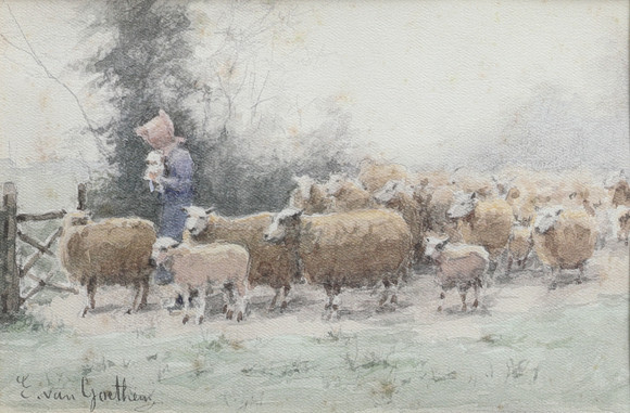 EDWARD VAN GOETHEM (1857-1924). A SHEPHERDESS WITH SHEEP MOVING TOWARDS ...