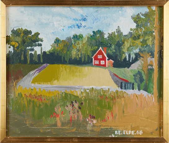 BENGT ELDE (1939-2015). Landskapsidyll med röd stuga, signerad och ...