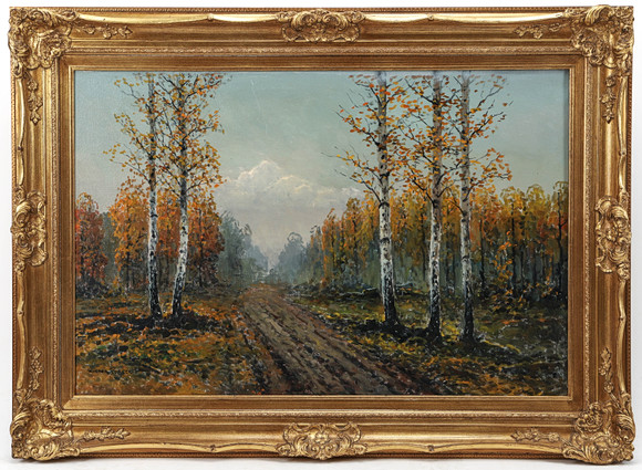 WIKTOR KORECKI (UKRAINA/POLEN, 1890-1980). Forest road with birches ...