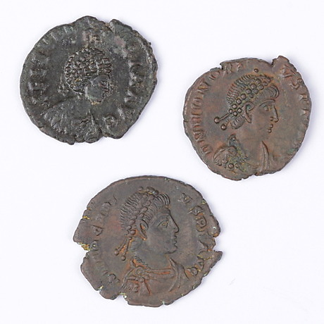 COIN, 3 pcs. Bronze, ae, Arcadius 383–408, Honorius 393–423 and Eudoxia ...