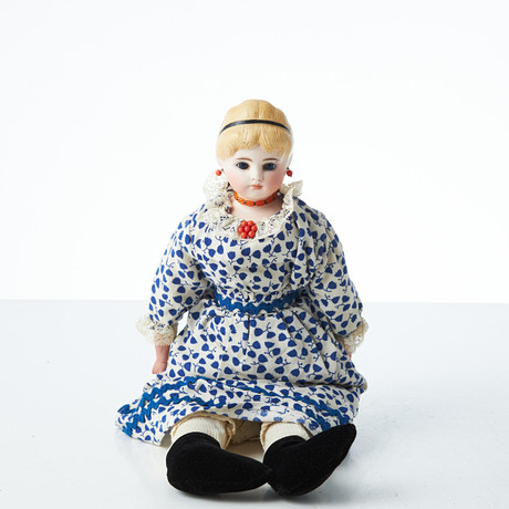 BISKVI LADY DOLL, late 19th century, head with shield, blue inset eyes ...