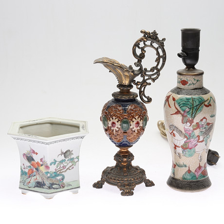 MISCELLANEOUS, 3 parts, TABLE LAMP, HANDLE POT and OUTER LINING, 1900s ...