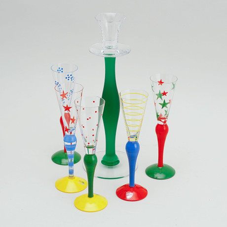 SNAPSGLAS, 5 st, "Clown", Anne Nilsson, Orrefors, ljusstake "Celeste ...