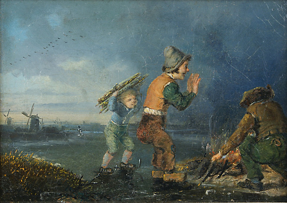 DUTCH MASTER 19th century - "Three children warming themselves by the ...
