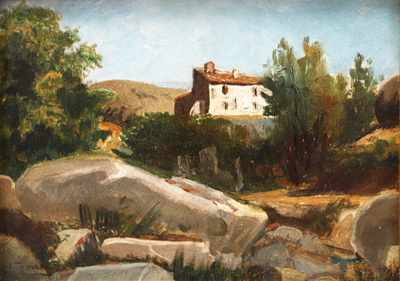 J. TAPIRÓ. LANDSCAPE WITH FARMHOUSE, oil on panel, signed J. Tapiro ...